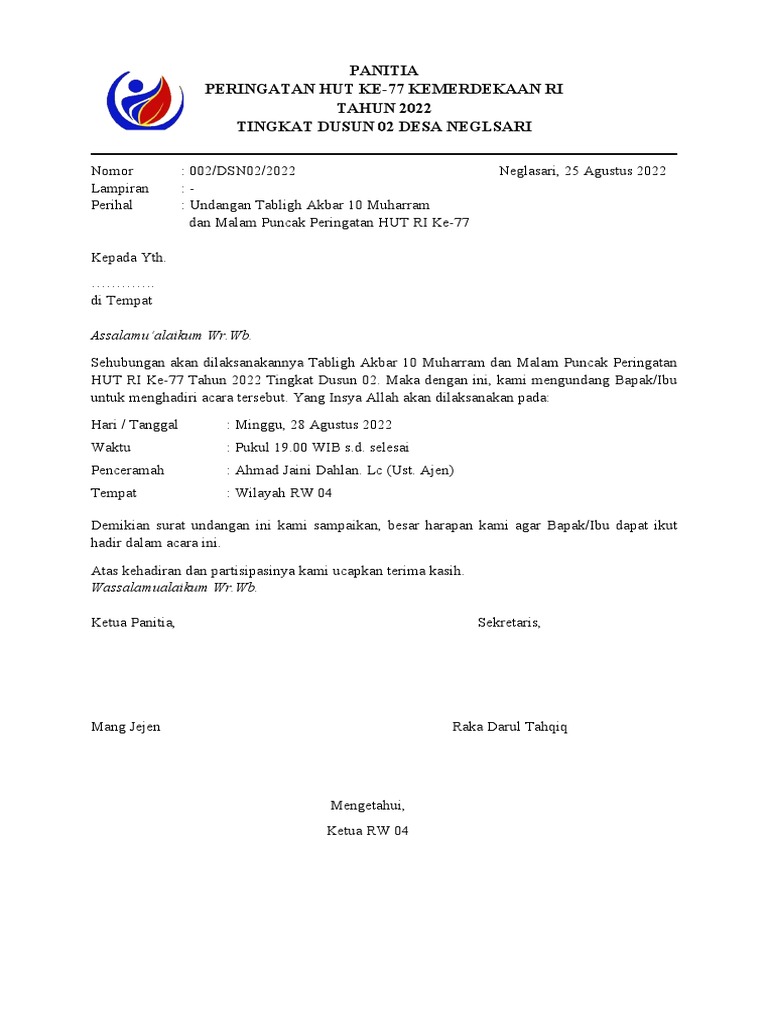 Surat Undangan Acara 17an HUT RI Tahun 2022 | PDF