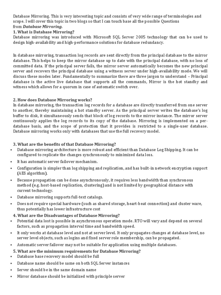 Database Mirroring Questions and Answers | PDF | Databases | Microsoft Sql Server