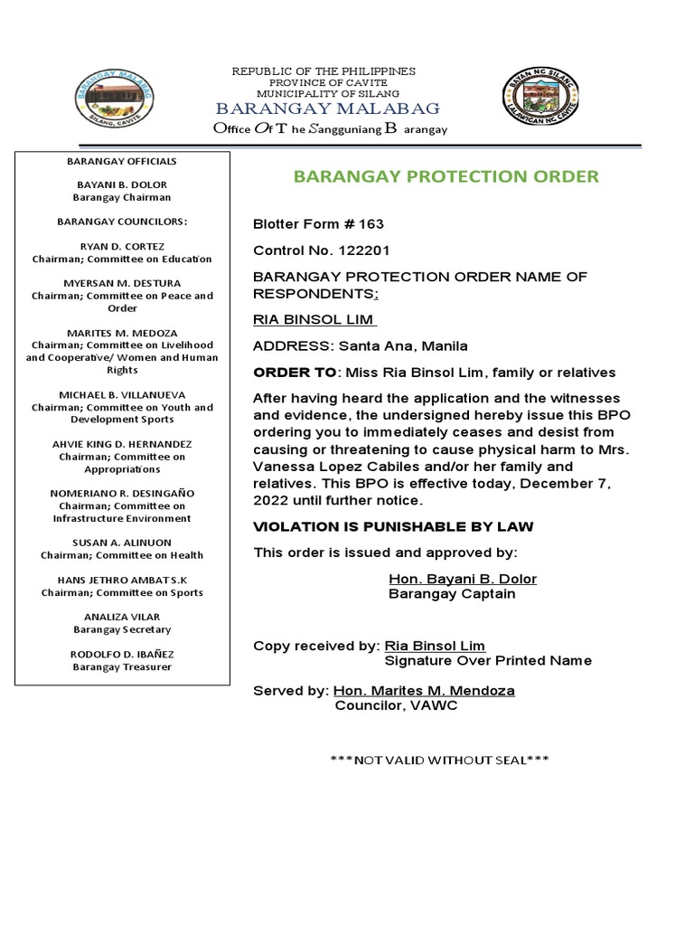 BPO - Barangay Protection Order | PDF | Philippines