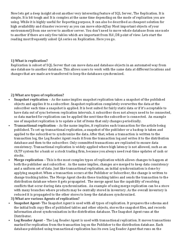 Replication Q A | PDF | Replication (Computing) | Databases Replication Q A | PDF | Replication (Computing) | Databases