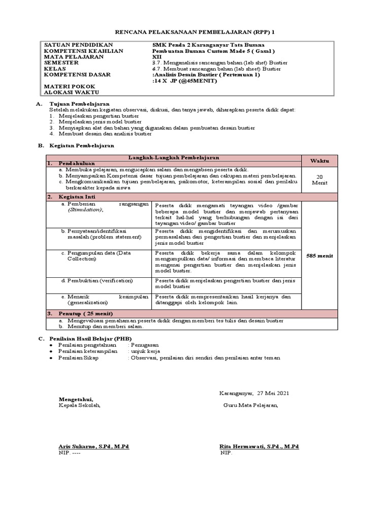 RPP Pembuatan Busana Custom Made | PDF