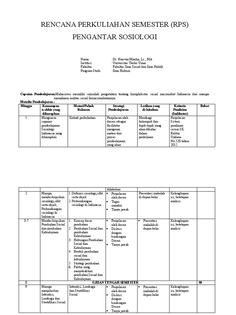 RPS Pengantar Sosiologi | PDF | Sains & Matematika