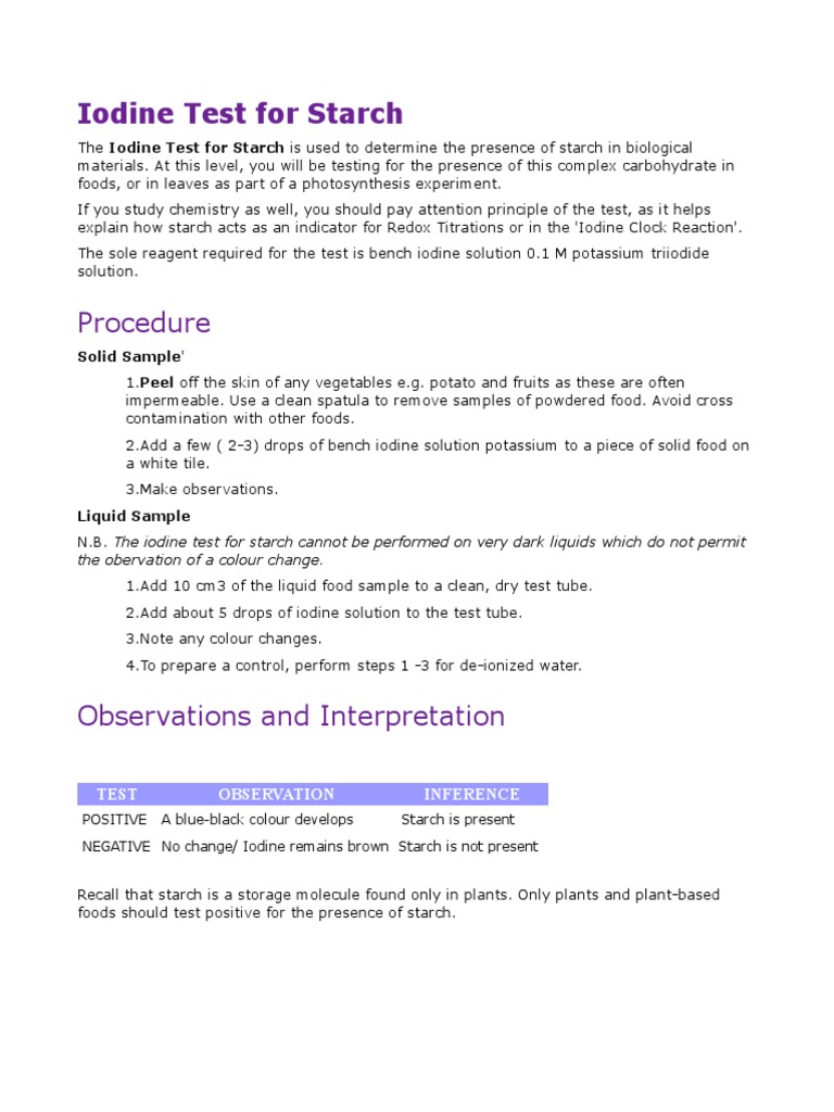 Iodine Test For Starch | PDF | Starch | Iodine