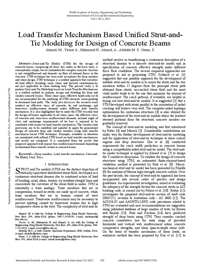 Load Transfer Mechanism Based Unified Strut-and-Tie Modeling For Design of Concrete Beams | PDF ...