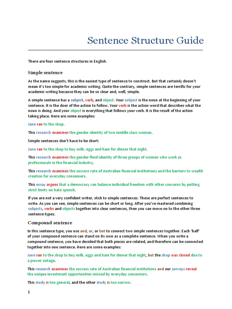 Sentence Structure Guide | PDF | Sentence (Linguistics) | Subject (Grammar)