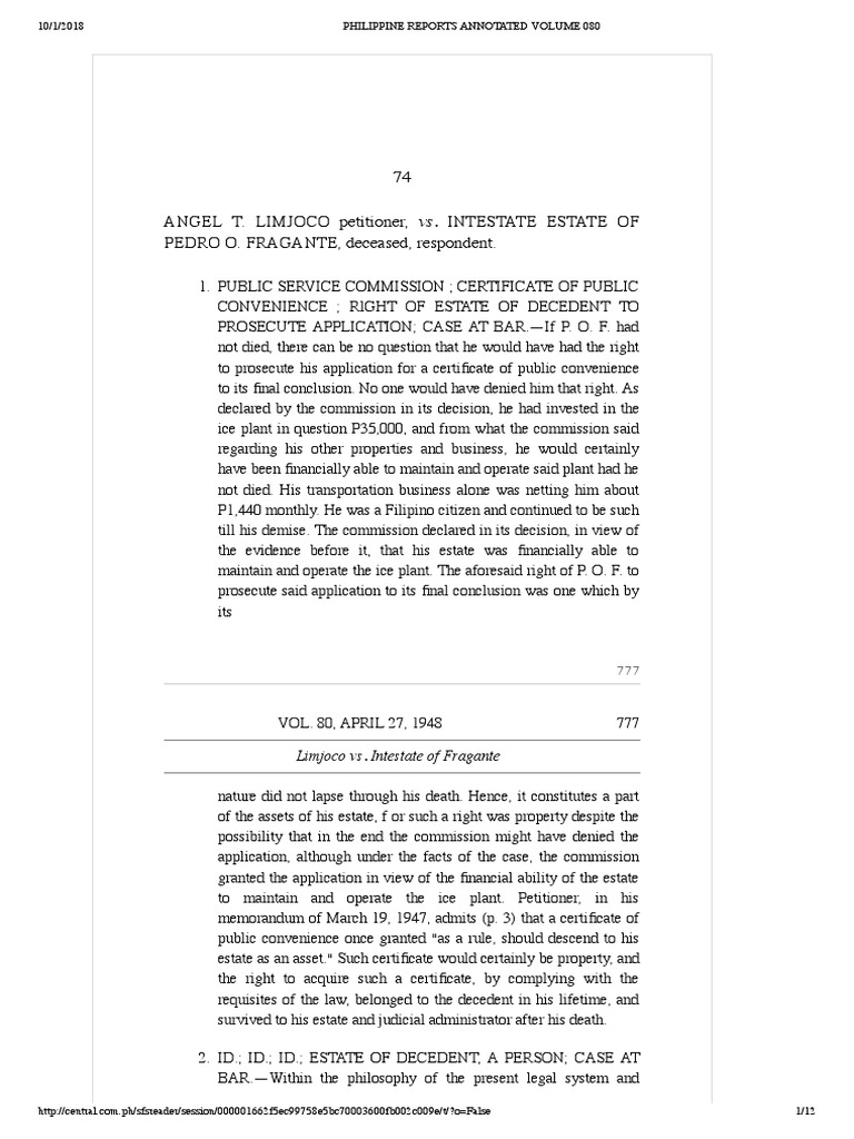 Limjoco v. Intestate Estate of Pio Fragante, 80 Phil 776 | PDF ...