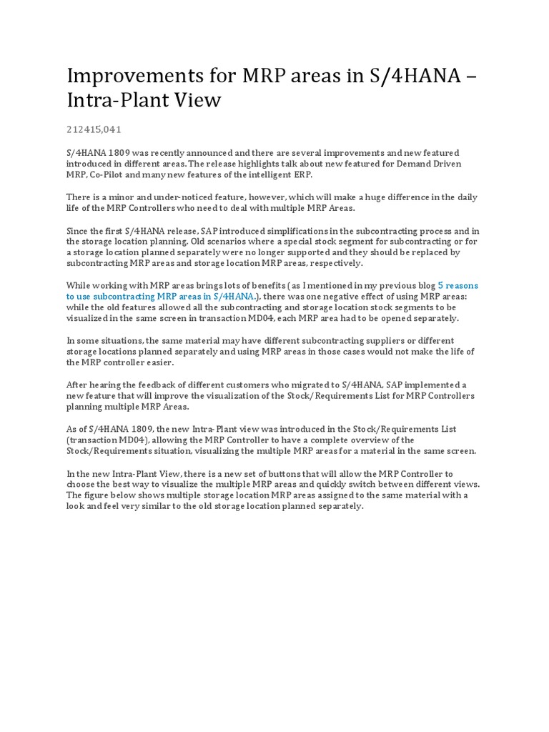 Improvements For MRP Areas in S4 Hana Intra Plant | PDF | Software ...