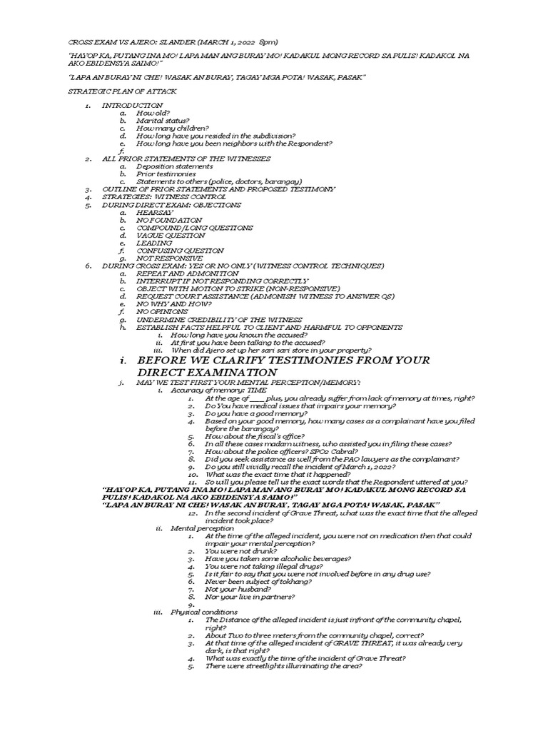 Cross Examination Strategies for Slander Case | PDF | Witness | Justice