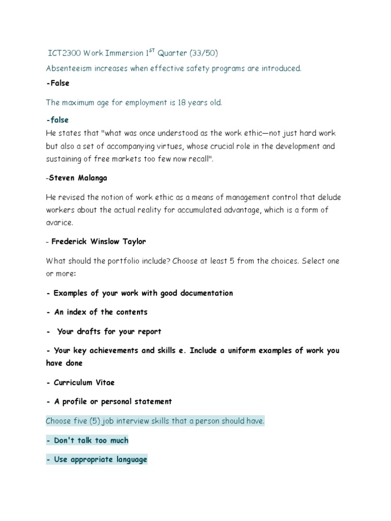ICT2300 Work Immersion 1ST Quarter Exam | PDF | Employment | Business