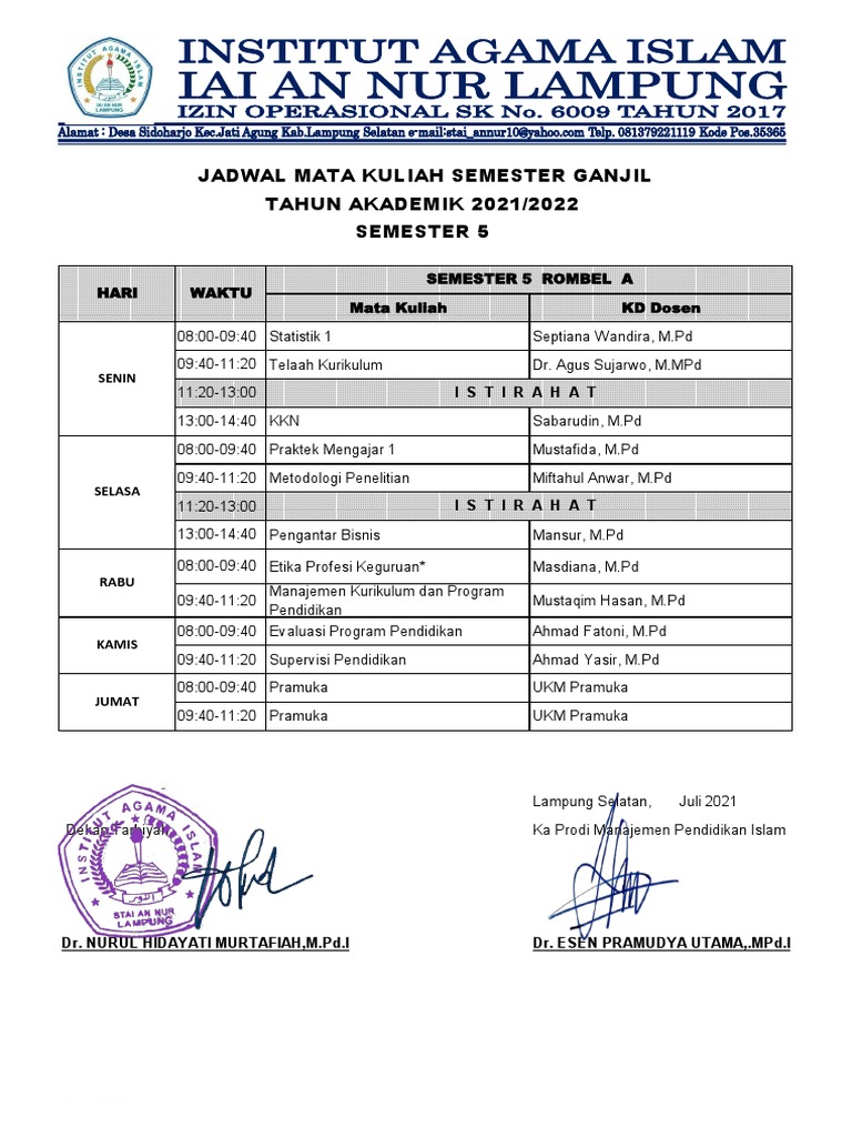 JADWAL MATA KULIAH SEMESTER GANJIL TAHUN AKADEMIK 2021/2022 | PDF