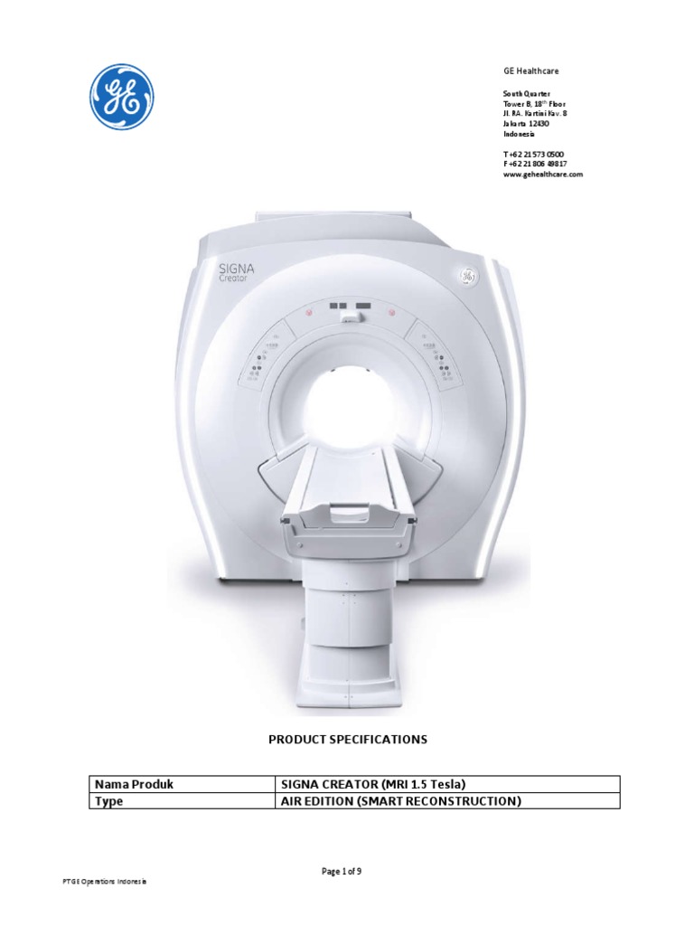 SIGNA Creator (MRI 1.5tesla) Spesification | PDF | Magnetic Resonance ...