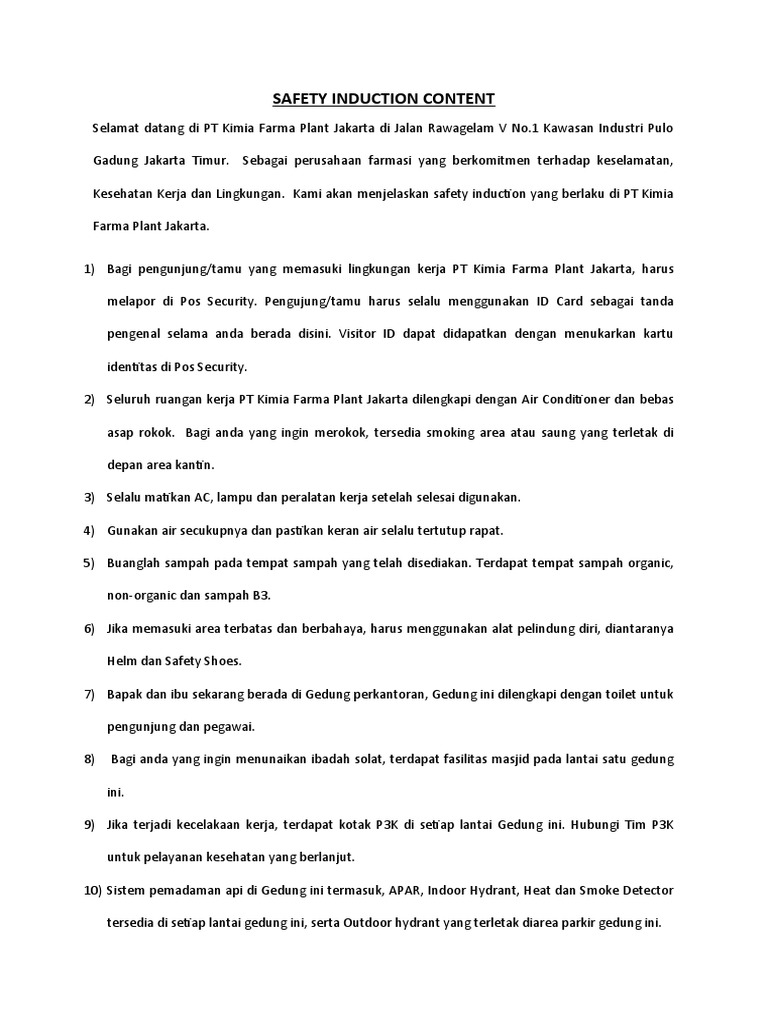 Safety Induction Content | PDF
