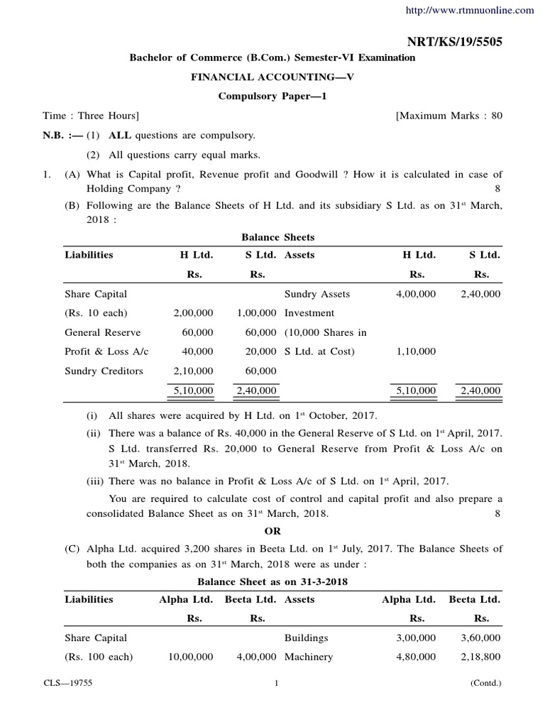 Bcom 6 Sem Financial Accounting 5 5505 Summer 2019 | PDF | Balance Sheet | Stocks