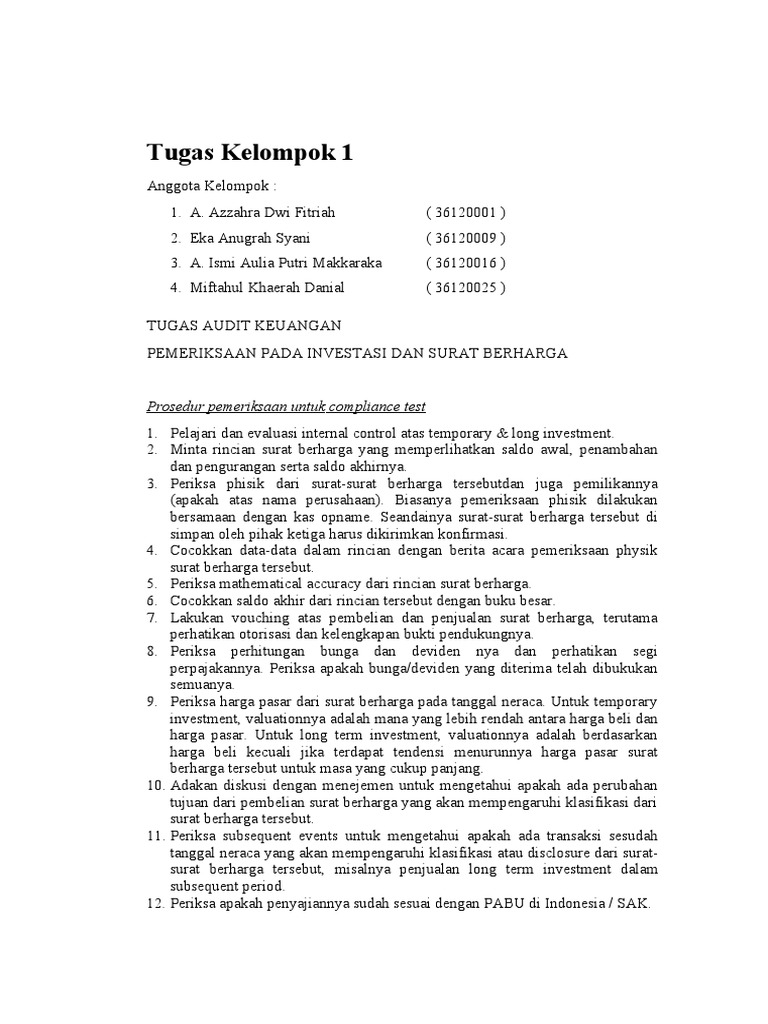 KLP 1 - Pemeriksaan Pada Investasi Dan Surat Berharga | PDF