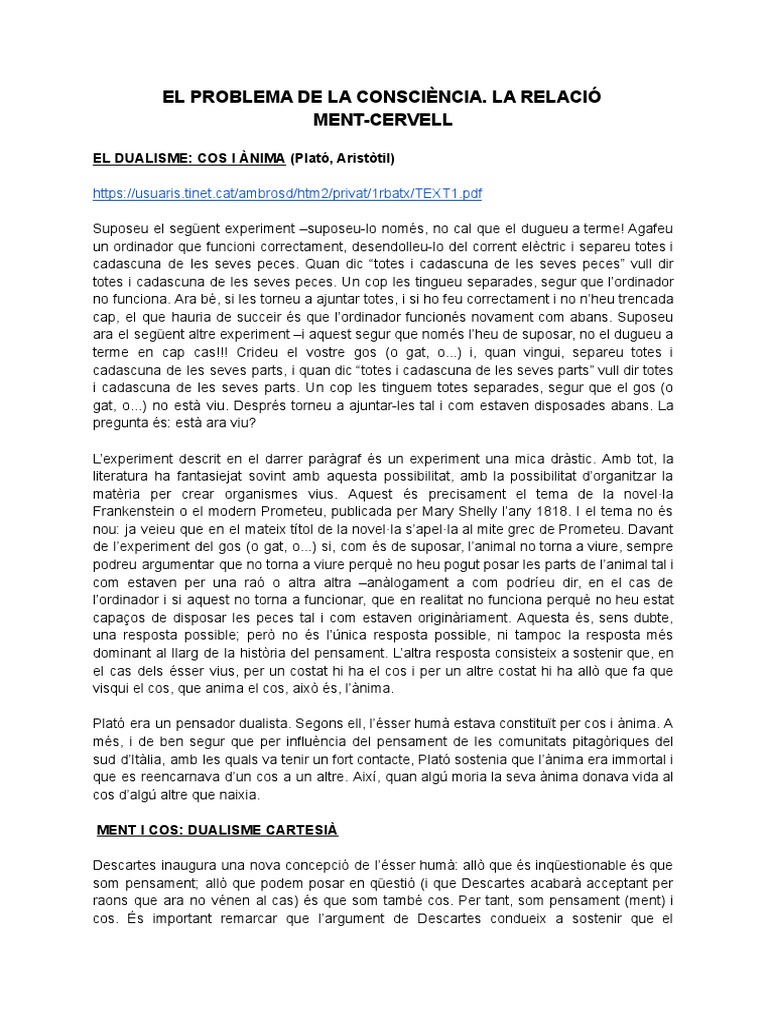 Filosofia - El Problema de La Consciència | PDF