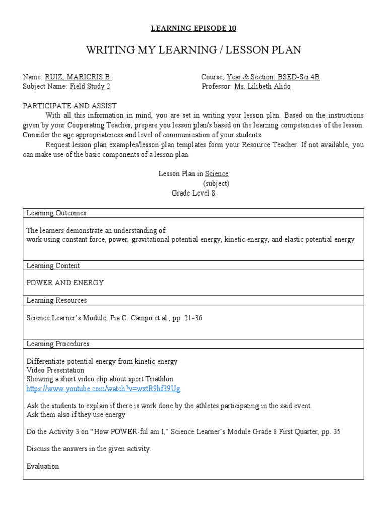 FS2 Le10 - Ruiz M. | PDF | Lesson Plan | Learning