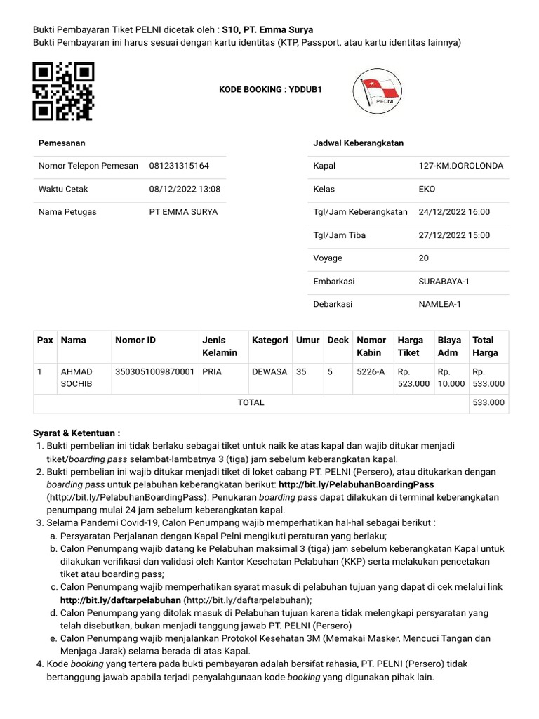 Tiket - Pelni.co - Id Transaction Booking-Receipt Endofbook BookCode ...