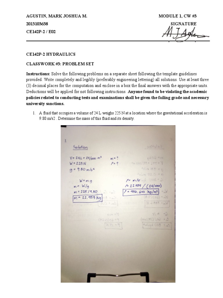 Agustin - Mark Joshua - Ce142p-2 - E02 - CW3 | PDF | Viscosity | Pressure