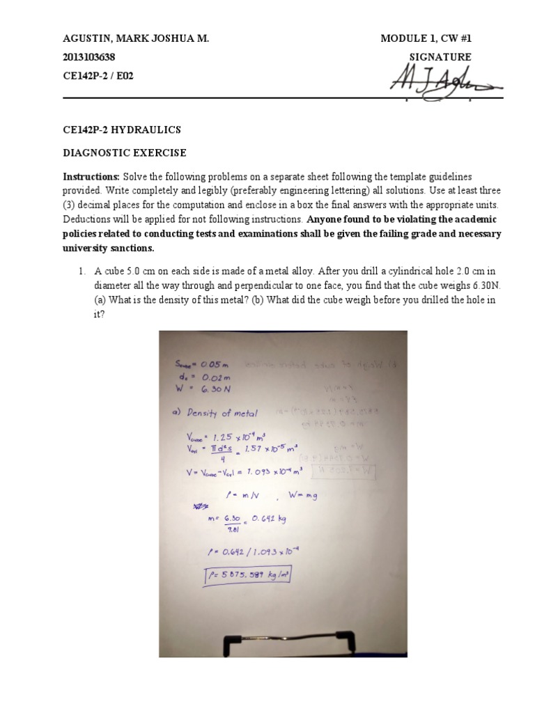 Agustin - Mark Joshua - Ce142p-2 - E02 - CW1 | PDF | Pressure | Sphere