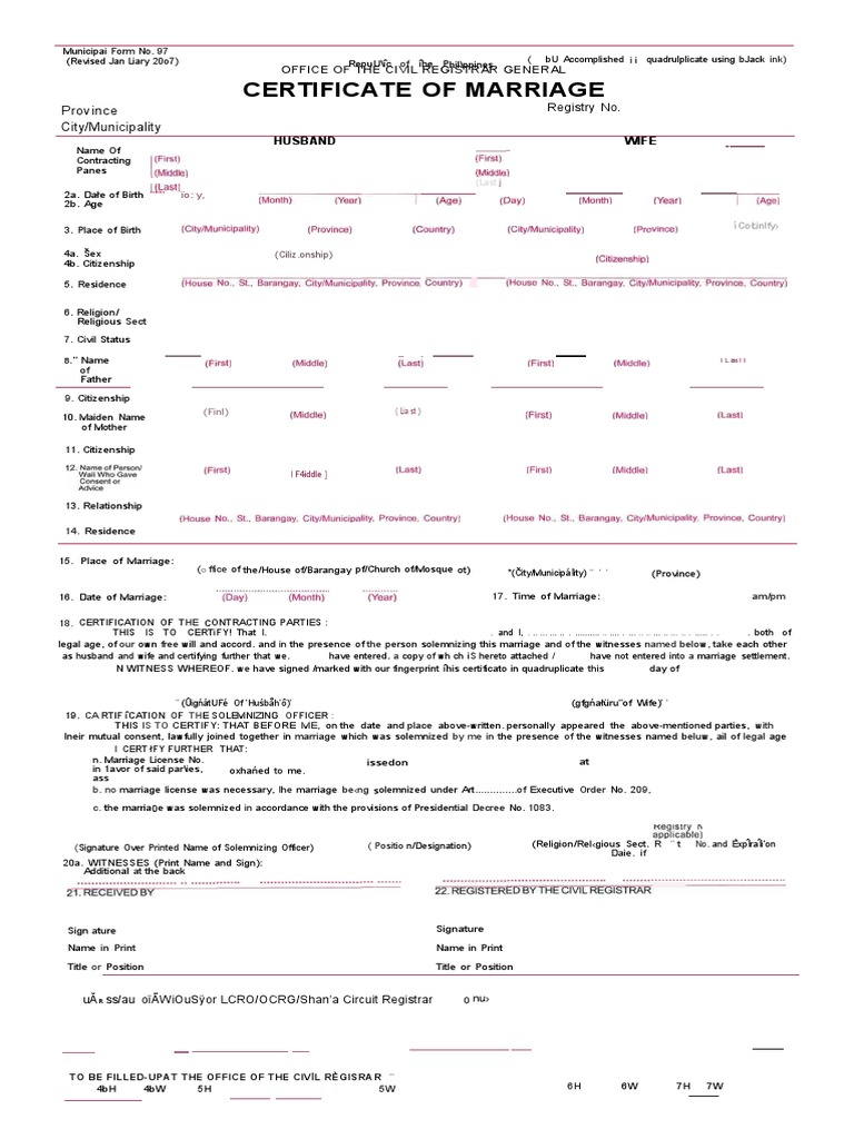 Certificate of Marriage Form No. 97 | PDF | Affidavit | Marriage