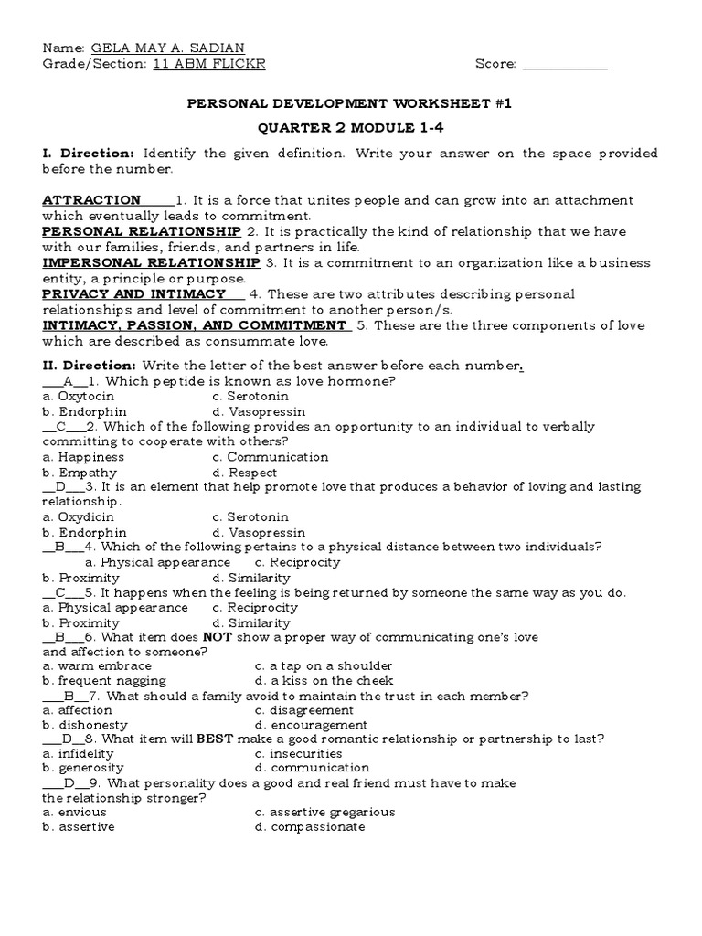 Perdev Module 1 Quarter 2 Worksheet | PDF | Love | Social Institutions