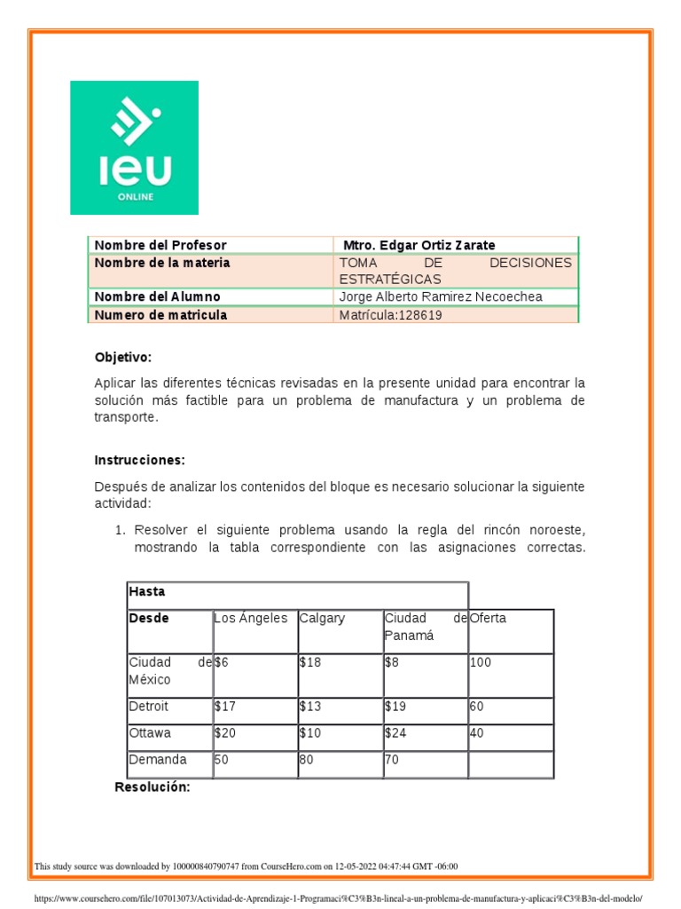 Actividad de Aprendizaje 1. Programaci N Lineal A Un Problema de Manufactura y Aplicaci N Del ...