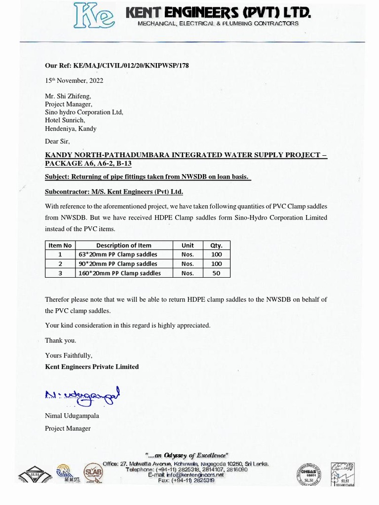 178 - Regarding The Returning of Fittings Taken On Loan Basis From ...