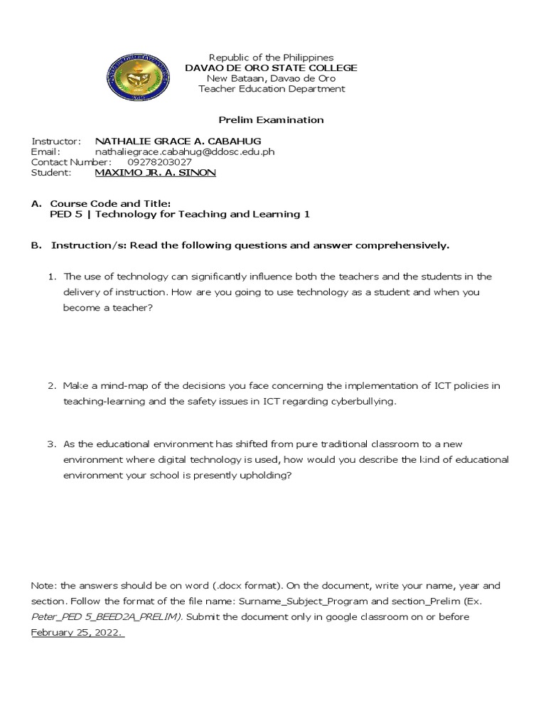 PED 5 Prelim Exam Instructions | PDF | Educational Technology | Human ...