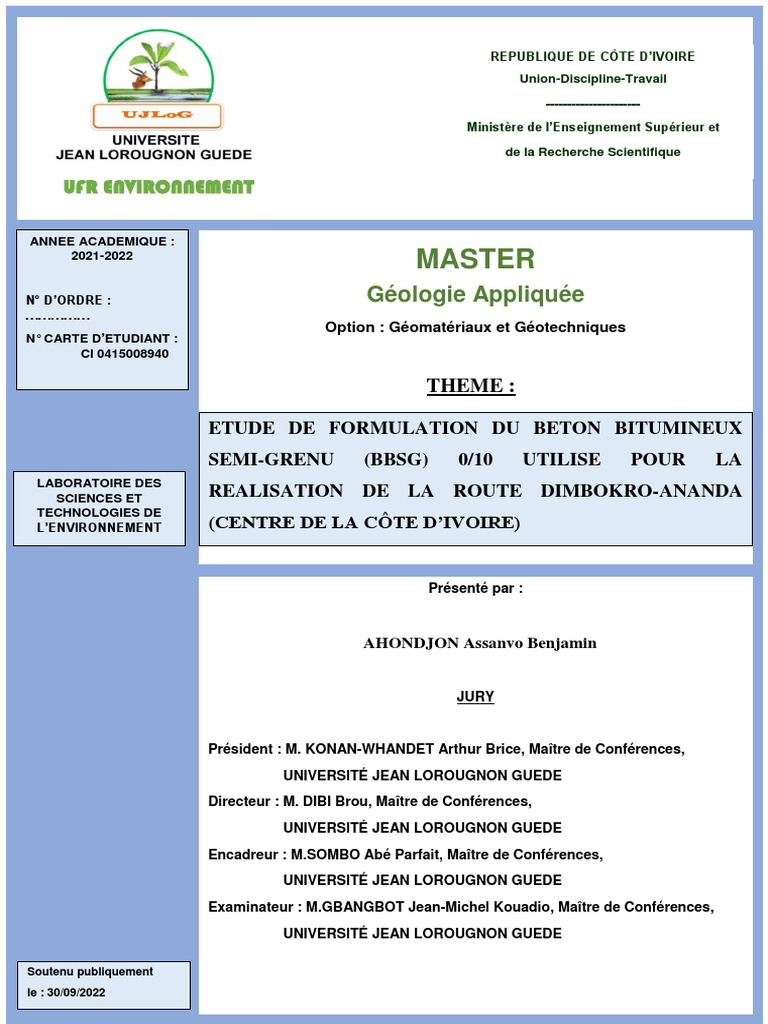 Memoire de Recherche Pour Obtention de Diplôme de Master en Geotechnique Et Geomateriaux | PDF