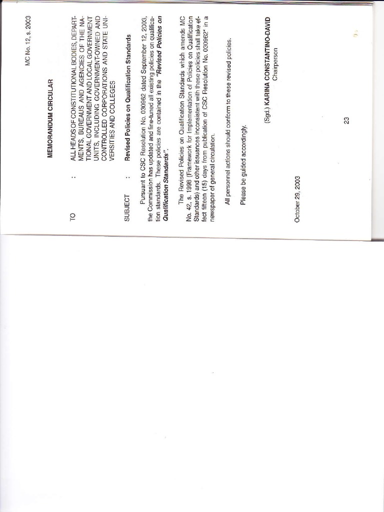 CSC MC No. 12, S. 2003 - Revised Policy On QS | PDF