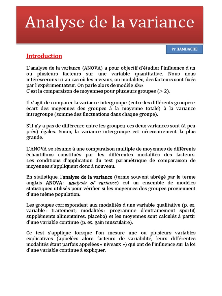 Chapitre 3 ANOVA À Un Facteur | PDF | Analyse de la variance | Variance ...