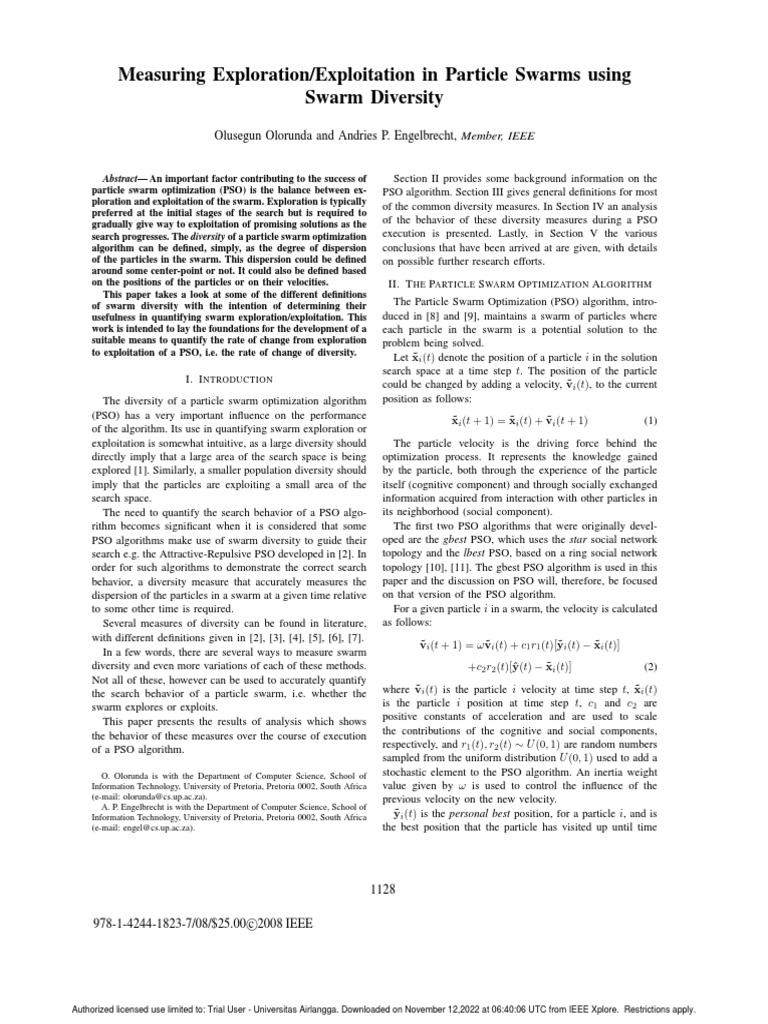 Measuring Exploration Exploitation in Particle Swarms Using Swarm Diversity | PDF | Mathematics