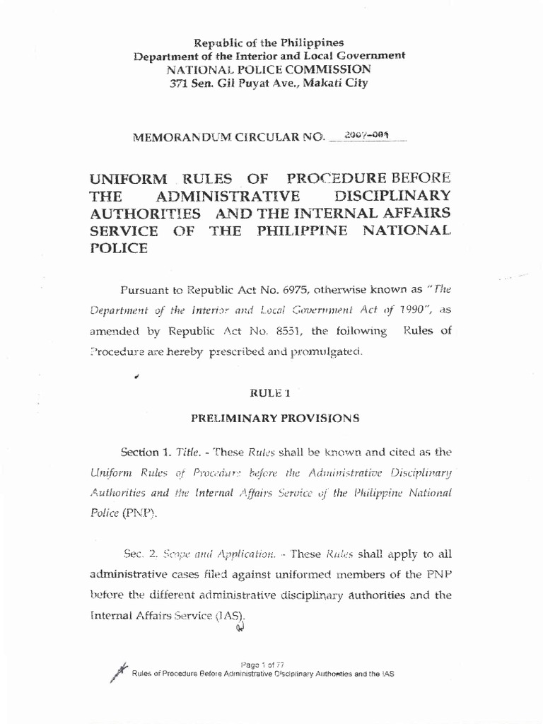 NAPOLCOM MC No. 2007-009 (Rules of Procedure For Admin Complaints - PNP) | PDF | Criminal Law ...