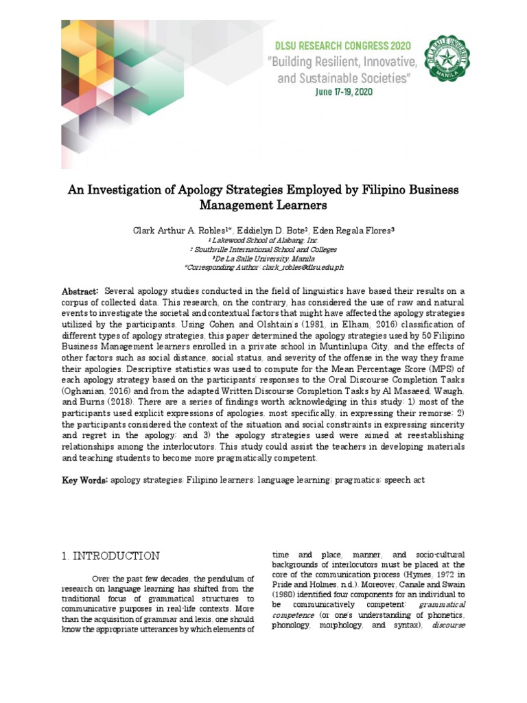 An Investigation of Apology Strategies Employed by Filipino Business Management Learners | PDF ...