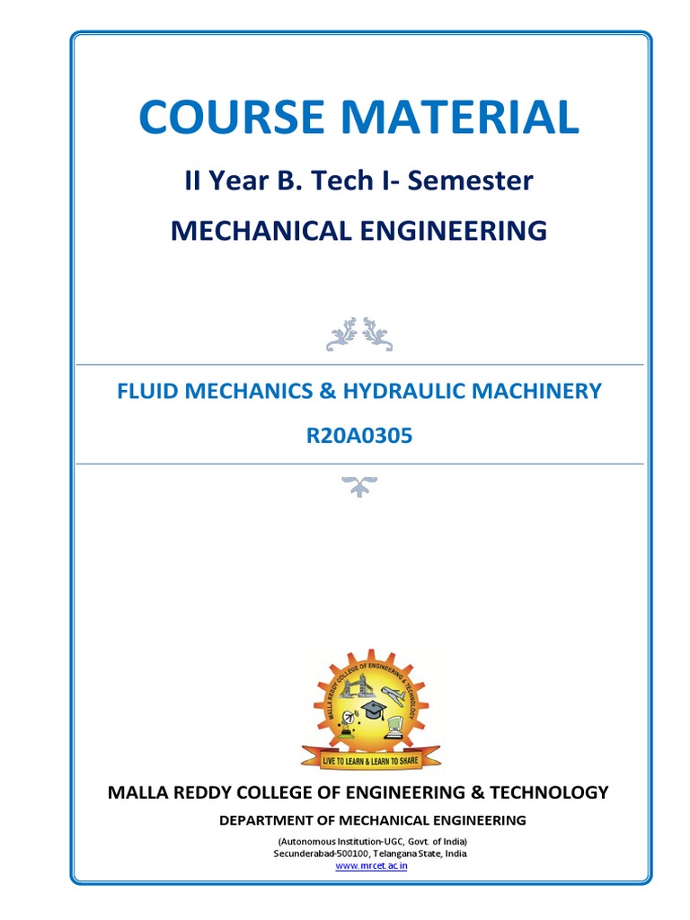 Fluid Mechanics - Hydraulic Machines Digital Notes R20 | PDF | Pressure ...