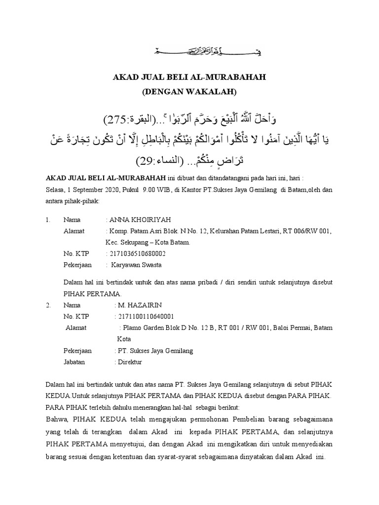 Standard Form Akad Jualbeli Syariah | PDF