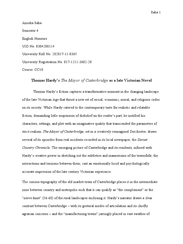 CC10 - Thomas Hardy's The Mayor of Casterbridge As A Late Victorian Novel | PDF | Thomas Hardy ...