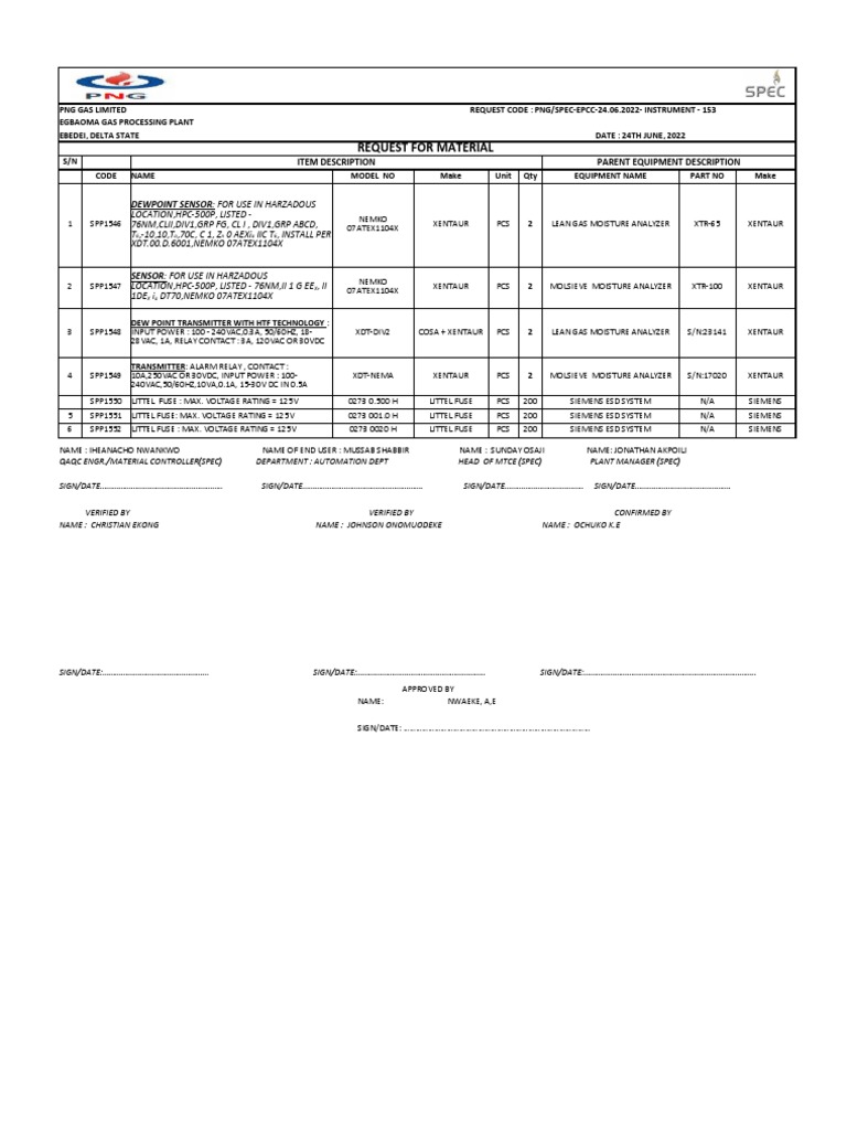 PNG Gas Limited Material Request Document | PDF | Metrology | Physical ...