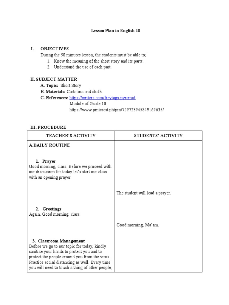 Short Story Lesson Plan for Grade 10 | PDF | Plot (Narrative) | Lesson Plan