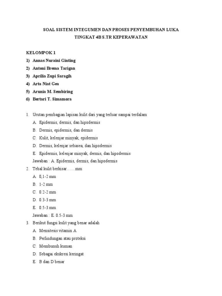 Soal S. Integumen & Penyembuhan Luka Kls 4B S.TR | PDF
