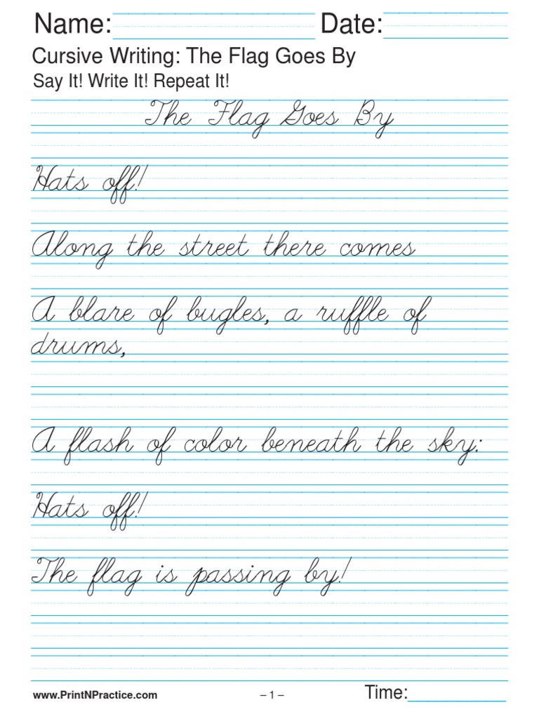 Cursive Writing The Flag Goes by | PDF