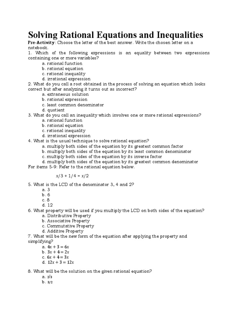 Solving Rational Equations and Inequalities | PDF | Equations ...