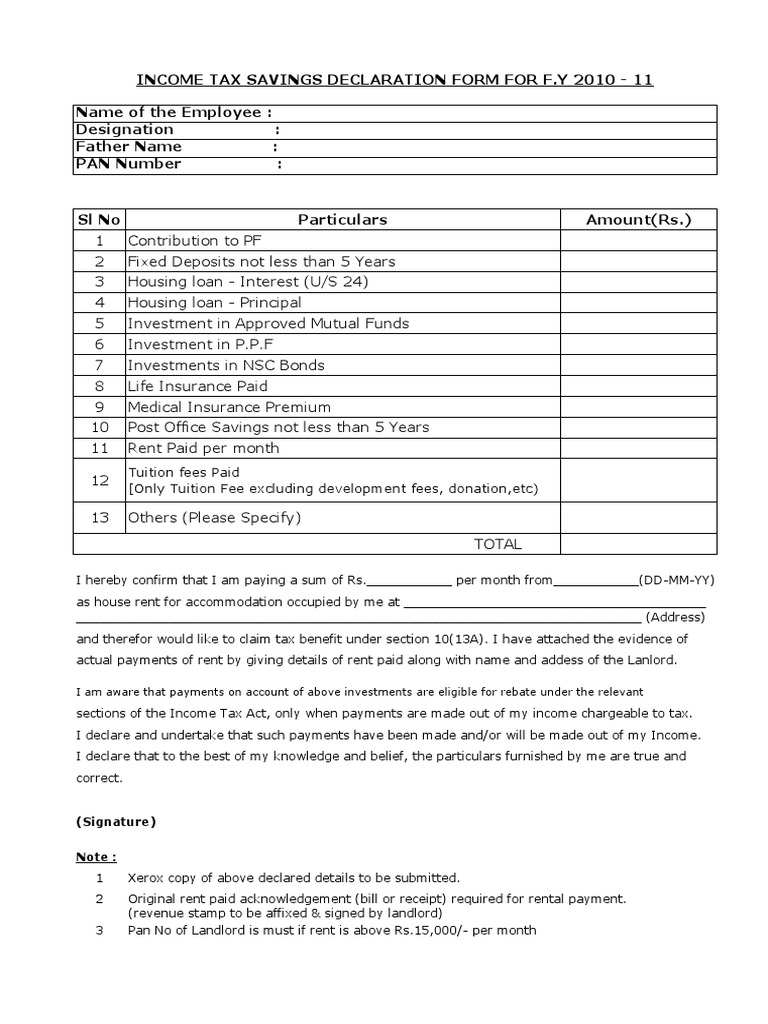 Income Tax Savings Declaration Form | PDF