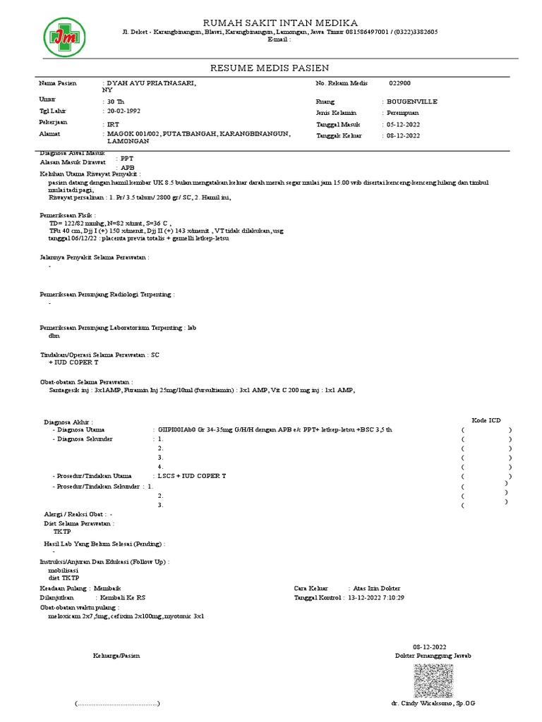 Resume Medis Dyah Ayu Priatnasari | PDF