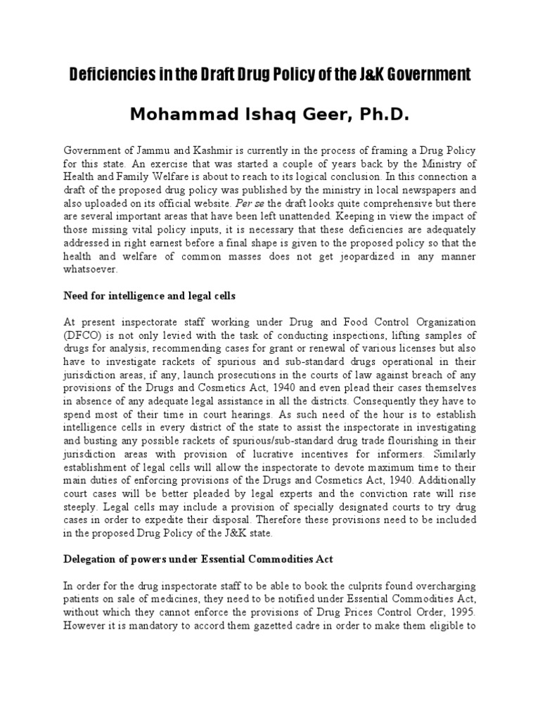 Deficiencies in The Draft Drug Policy of J&K Govt. | PDF | Pharmacy ...