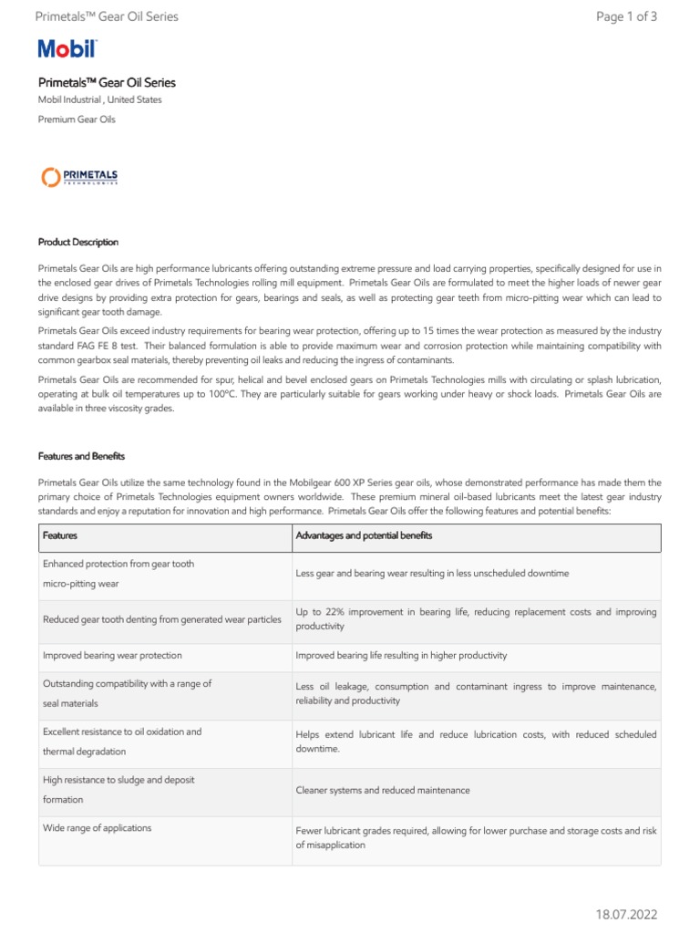 GL XX Primetals Gear Oil Series | PDF | Gear | Lubricant