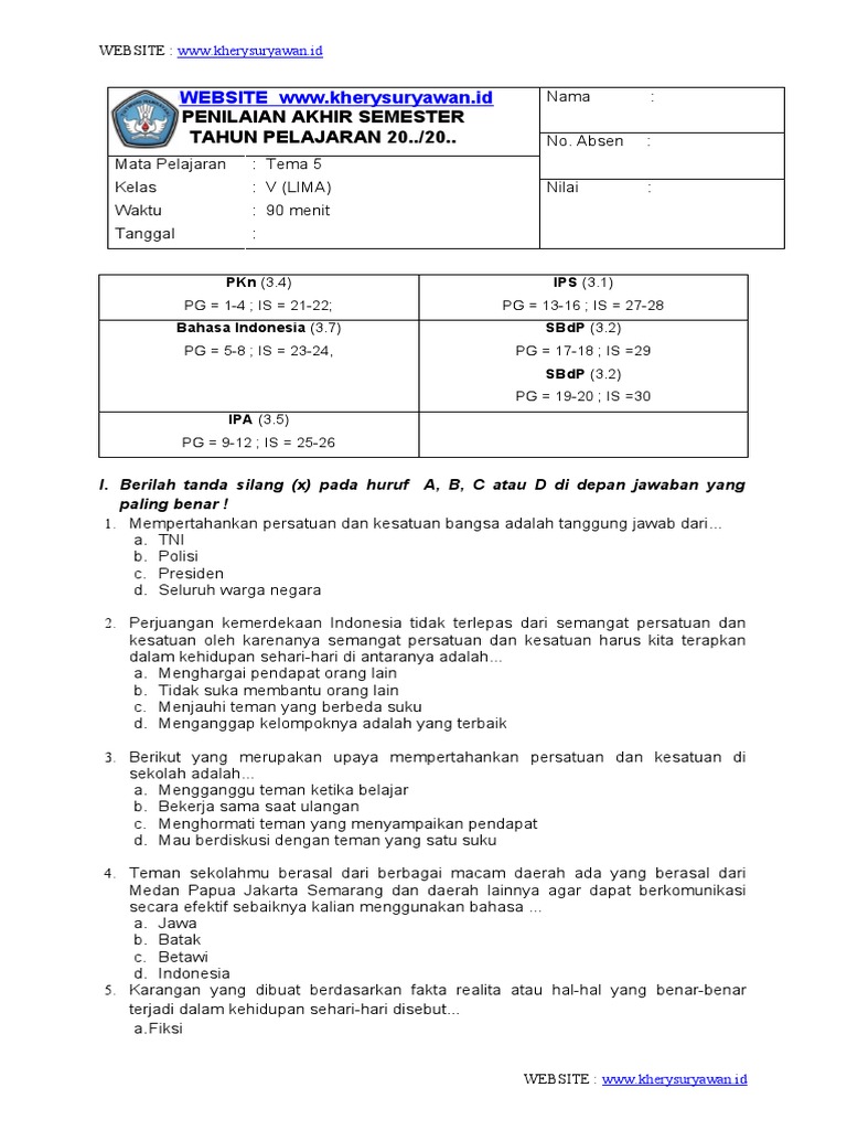 SOAL & Jawaban PAS KELAS 5 TEMA 5 Ver. 2 - WEBSITE WWW - Kherysuryawan.id | PDF