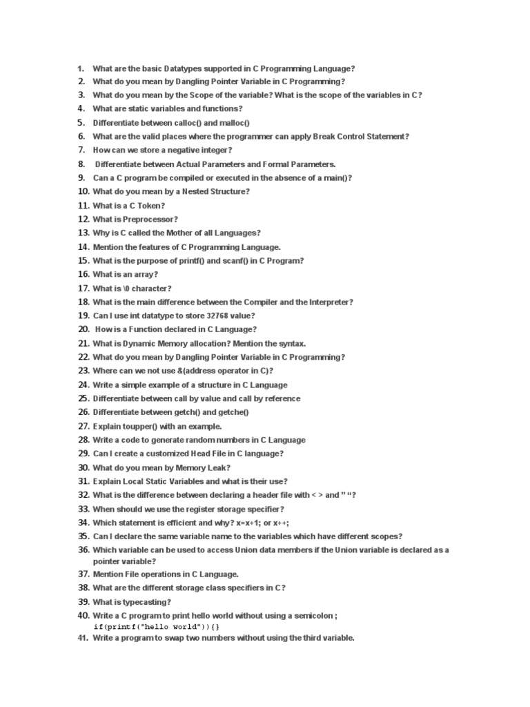 C Lang Interview Questions Pdf C Programming Language Variable Computer Science