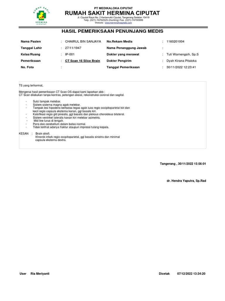 Hasil CT Scan: Lesi Capsula Eksterna | PDF
