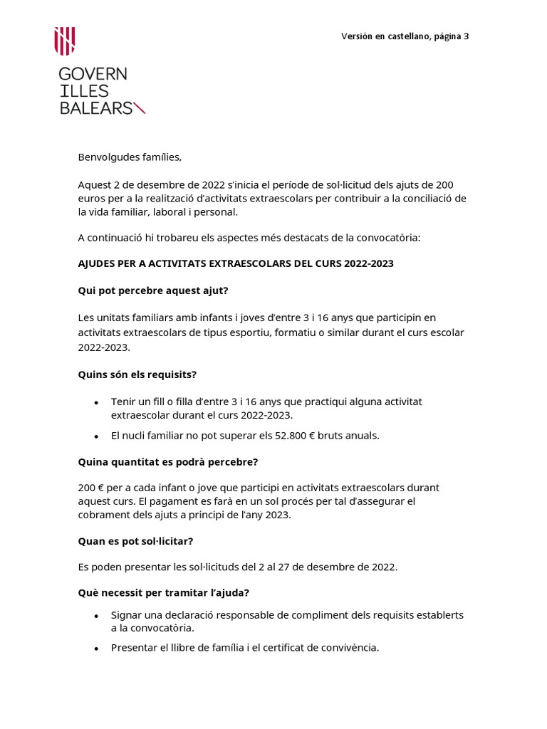 Ajudes Per A Activitats Extraescolars Del Curs 2022-2023 Catala-Castella | PDF